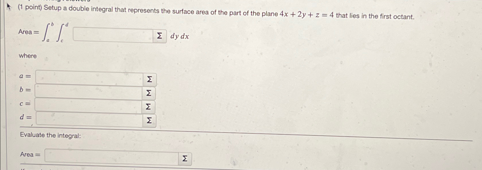 Solved (1 ﻿point) ﻿Setup a double integral that represents | Chegg.com