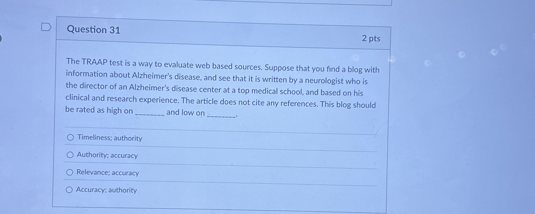 Solved Question 31The TRAAP test is a way to evaluate web | Chegg.com