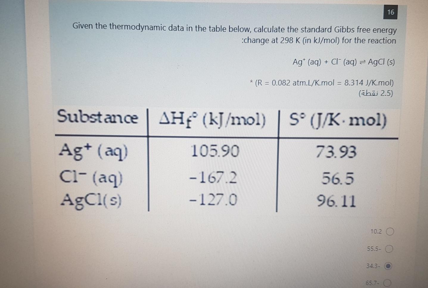 Solved 16 Given the thermodynamic data in the table below, | Chegg.com
