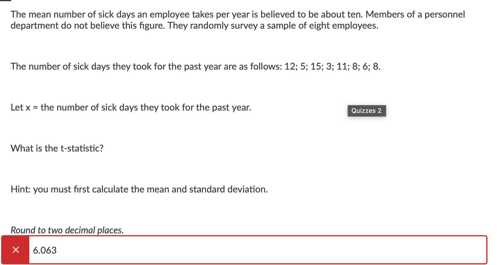 Solved The mean number of sick days an employee takes per | Chegg.com