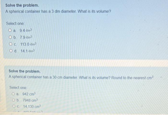 Solved Solve the problem. A spherical container has a 3 dm | Chegg.com