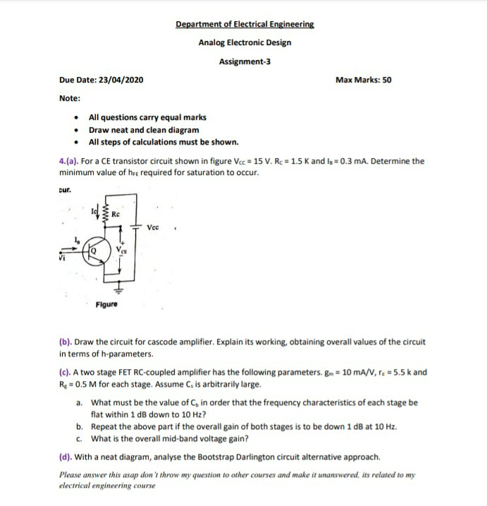 Solved Department of Electrical Engineering Analog | Chegg.com