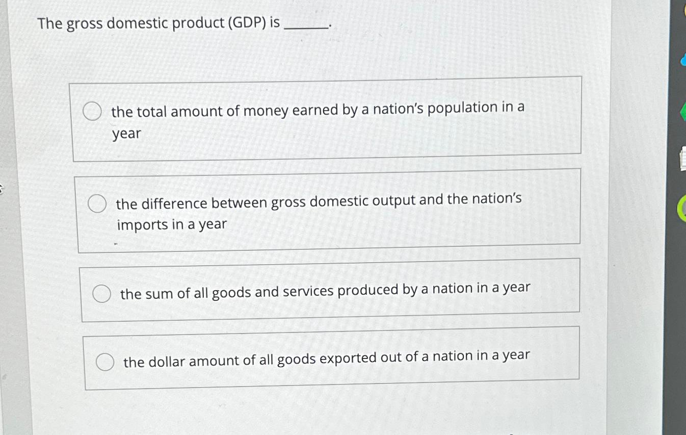 Solved The gross domestic product (GDP) ﻿isthe total amount | Chegg.com