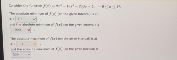 Solved Consider The Function F X 2x3−18x2−240x−5 −9≤x≤17