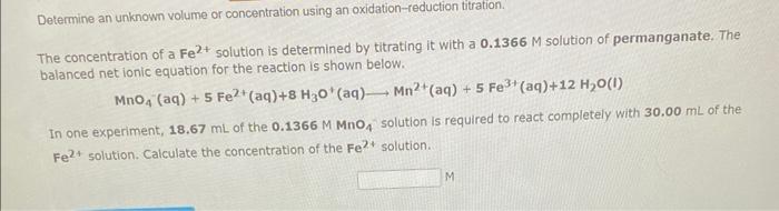 Solved The concentration of a Fe2+ solution is determined by | Chegg.com