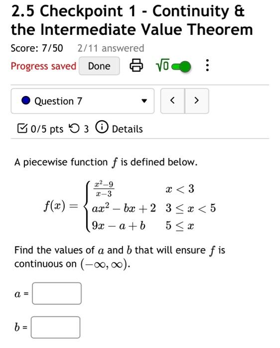 Solved 2.5 Checkpoint 1- Continuity & the Intermediate Value | Chegg.com