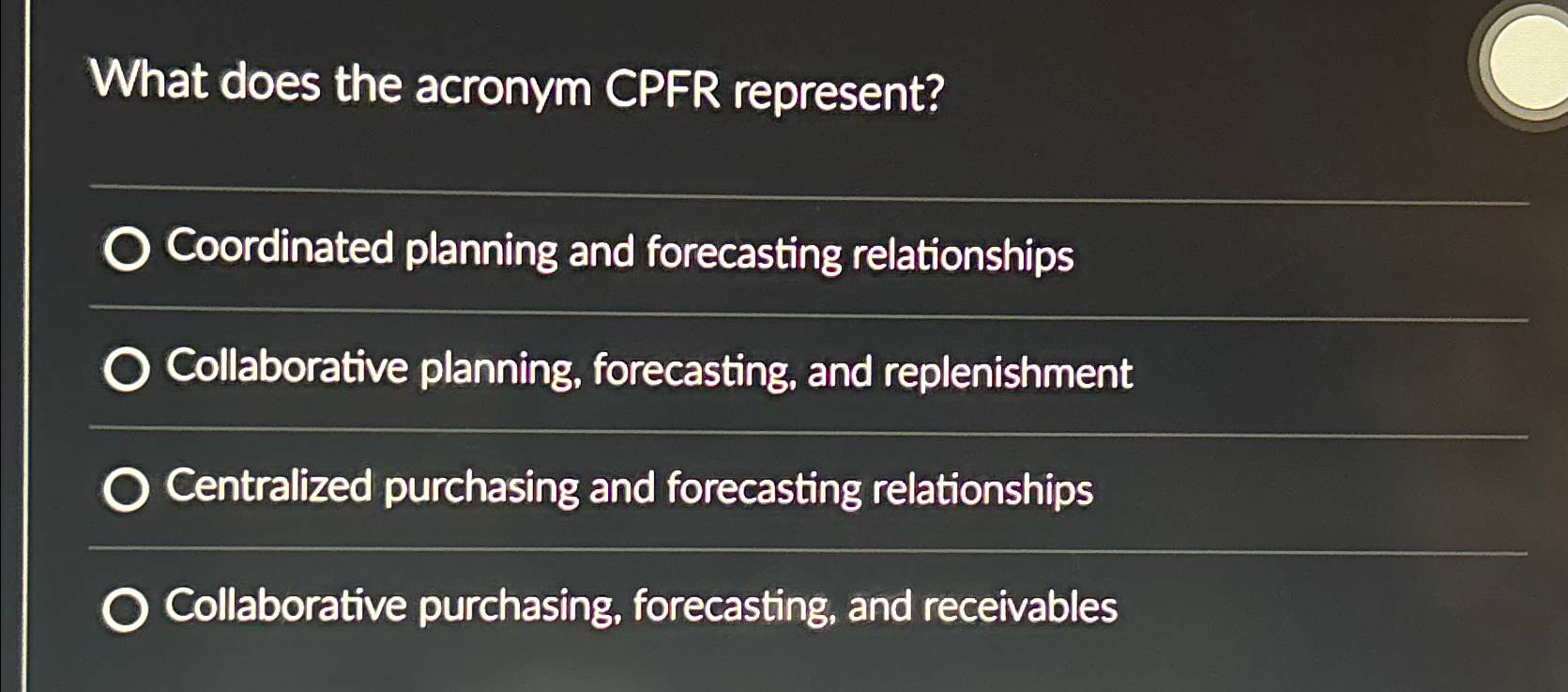 Solved What does the acronym CPFR represent?Coordinated | Chegg.com
