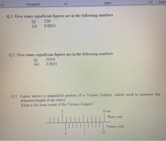 Solved Paragraph Styles Editir Q.1: How many significant | Chegg.com