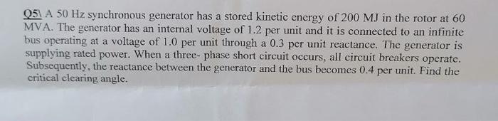 Solved Q51 A 50 Hz synchronous generator has a stored | Chegg.com