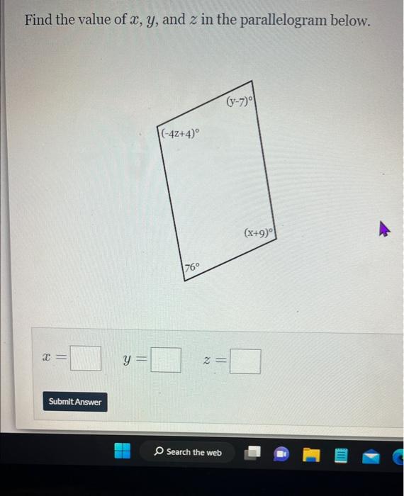 Solved Find the value of x,y, and z in the parallelogram | Chegg.com