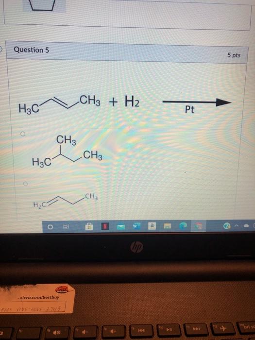 Solved Question 5 5 pts CH3 + H2 H3C Pt CH3 CH3 H3C CH3 H₂ - | Chegg.com