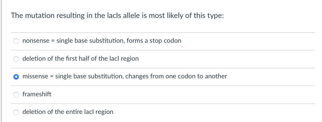 Solved The mutation resulting in the lacls allele is most | Chegg.com