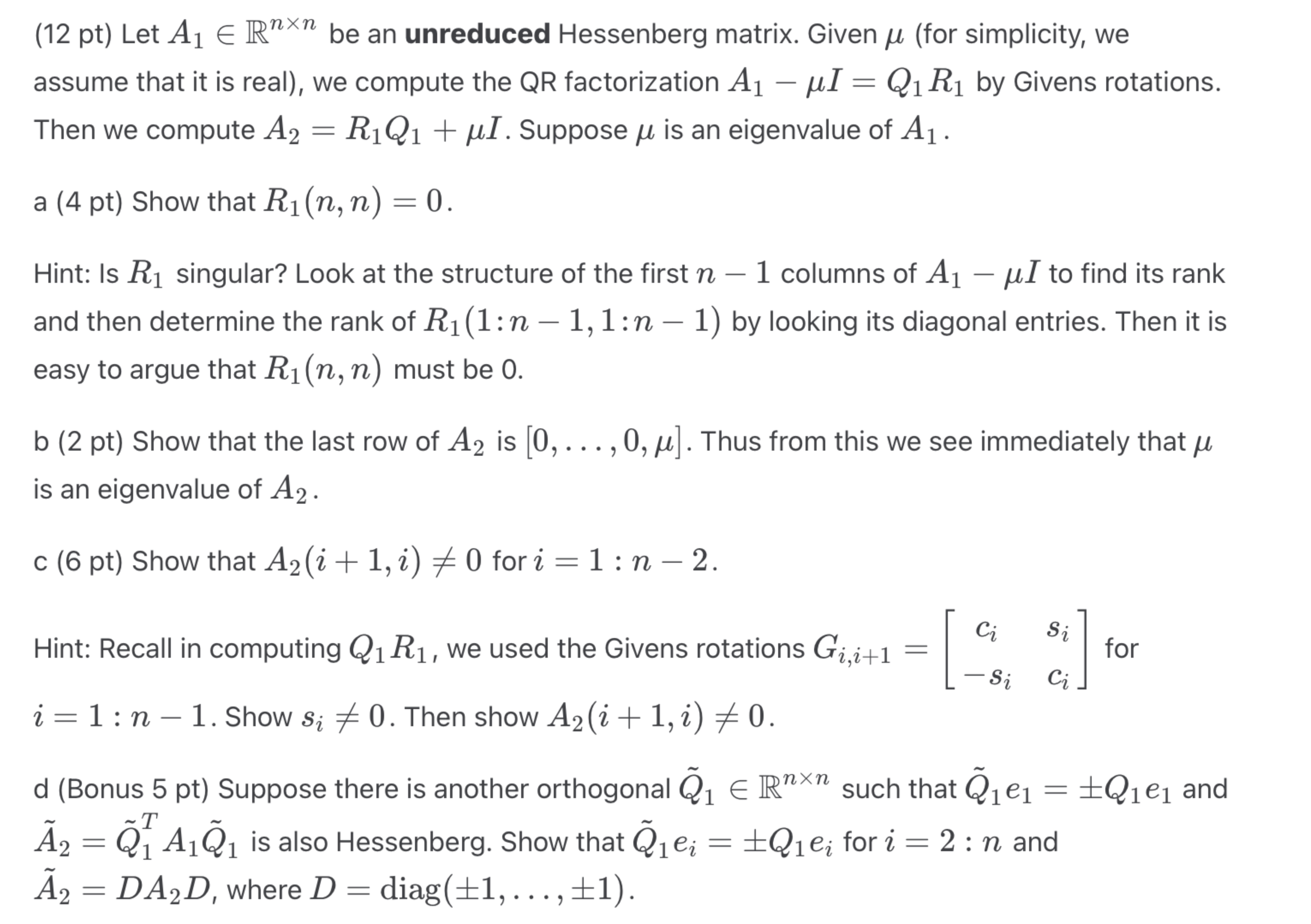 Solved (12 ﻿pt) ﻿Let A1inRn×n ﻿be an unreduced Hessenberg | Chegg.com