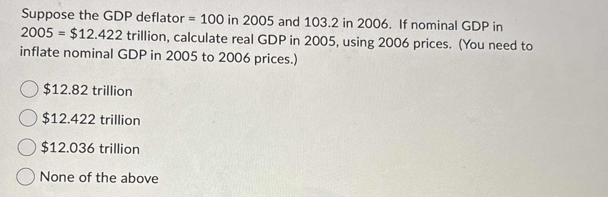 Solved Suppose the GDP deflator =100 ﻿in 2005 ﻿and 103.2 ﻿in | Chegg.com