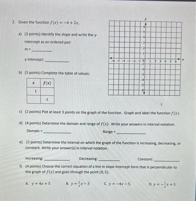 Solved 2. Given the function f(x) = −4+2x, a) (3 points) | Chegg.com