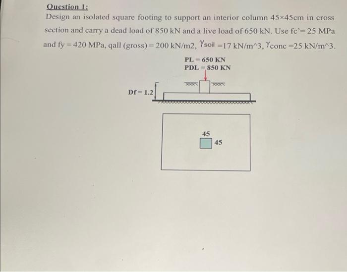 Solved Question 1: Design an isolated square footing to | Chegg.com