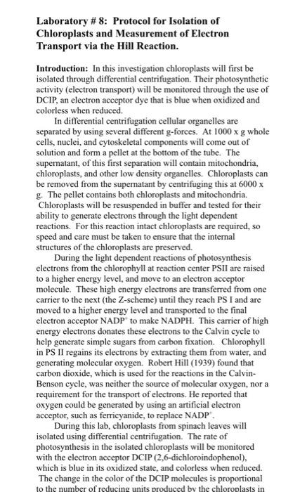 Solved Laboratory #8: Protocol for Isolation of Chloroplasts | Chegg.com