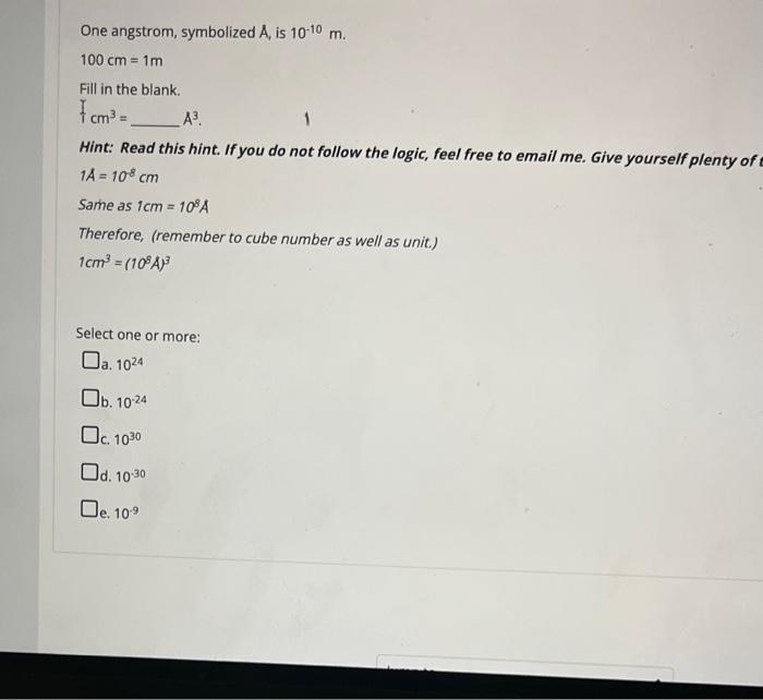Solved 100 cm=1 m Fill in the blank. I cm3= A3. Hint: Read | Chegg.com