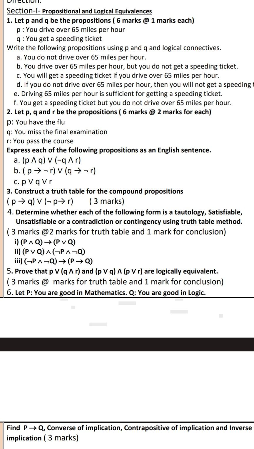 Solved Section-I-Propositional and Logical Equivalences 1. | Chegg.com