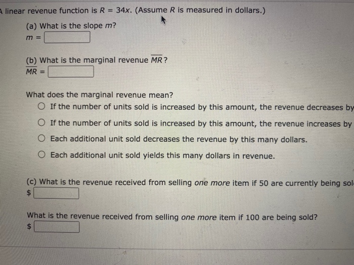 Solved linear revenue function is R = 34x. (Assume R is | Chegg.com