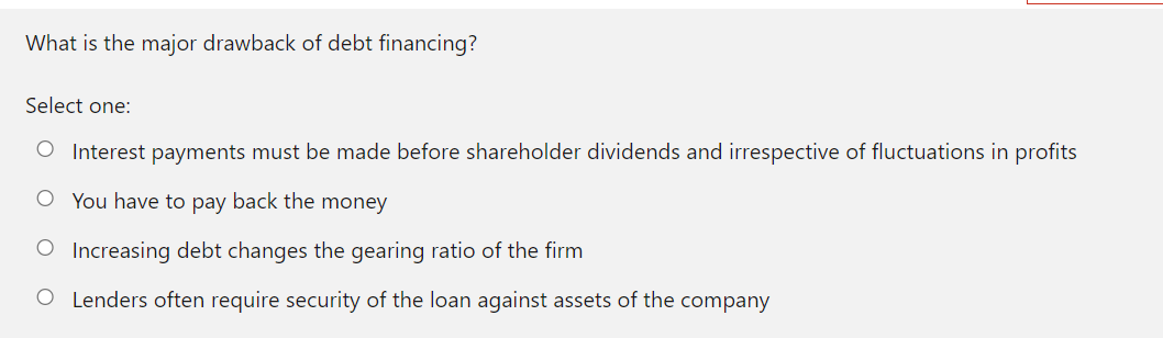 Solved What is the major drawback of debt financing?Select | Chegg.com