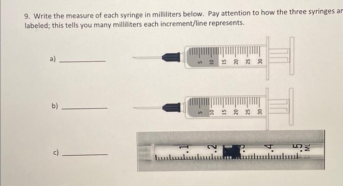 Solved Write the measure of each syringe in milliliters | Chegg.com