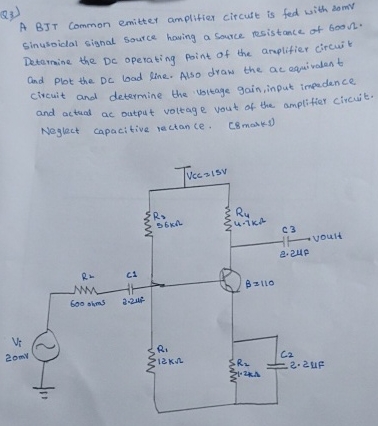 Solved Q3)A BJT common emitter amplifier circurt is fed with | Chegg.com