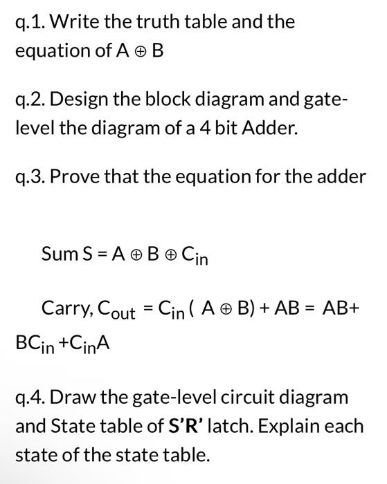Solved q.1. Write the truth table and the equation of A⊕B | Chegg.com