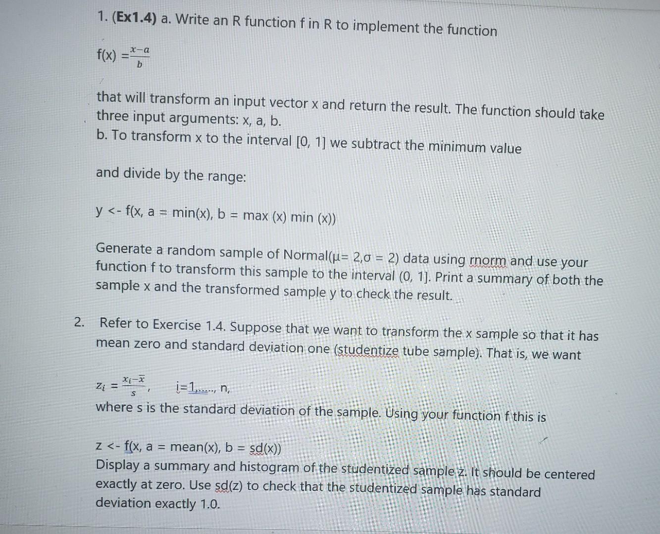 Solved 1. (Ex1.4) a. Write an R function fin R to implement | Chegg.com
