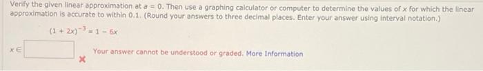 Solved Verify the given linear approximation at a = 0. Then | Chegg.com