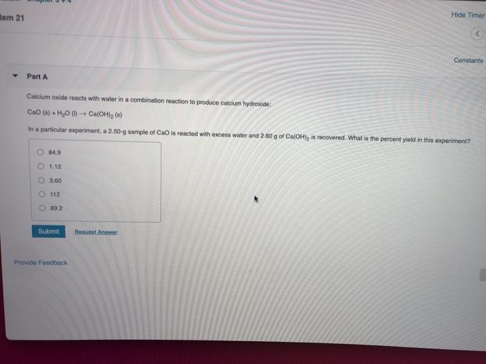 Solved tem 21 Hide Timer Constants Part A Calcium oxide | Chegg.com