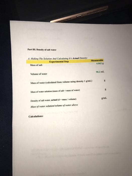 Solved Part III. Density of salt water A. Making The | Chegg.com