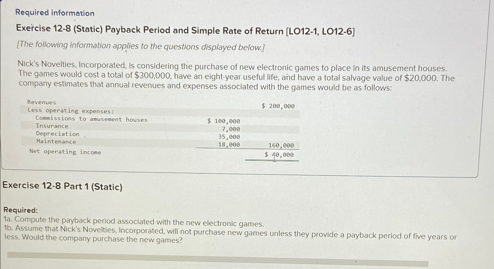 Solved Required informationExeicise 12-8 (Static) ﻿Payback | Chegg.com