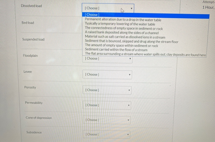 Solved Dissolved load Bed load Attempt [Choose 1 Hour, | Chegg.com