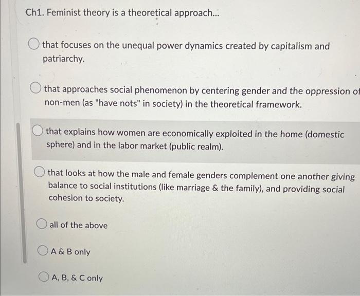 Ch1. Feminist theory is a theoretical approach... | Chegg.com