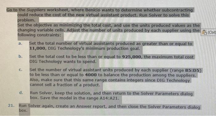 Solved Go to the Suppliers worksheet, where Benicio wants to | Chegg.com