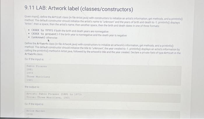 Solved 9.11 LAB: Artwork label (classes/constructors) Given | Chegg.com