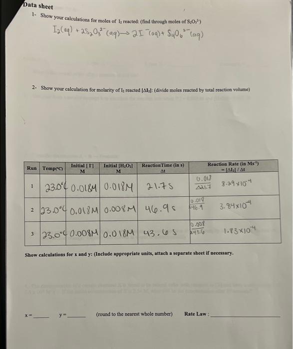 Solved Data sheet 1- Show your calculations for moles of I2 | Chegg.com
