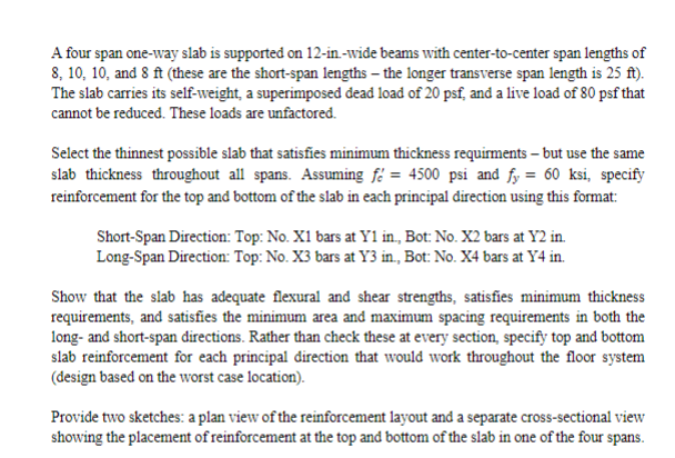 Solved A four span one-way slab is supported on 12 -in-wide | Chegg.com