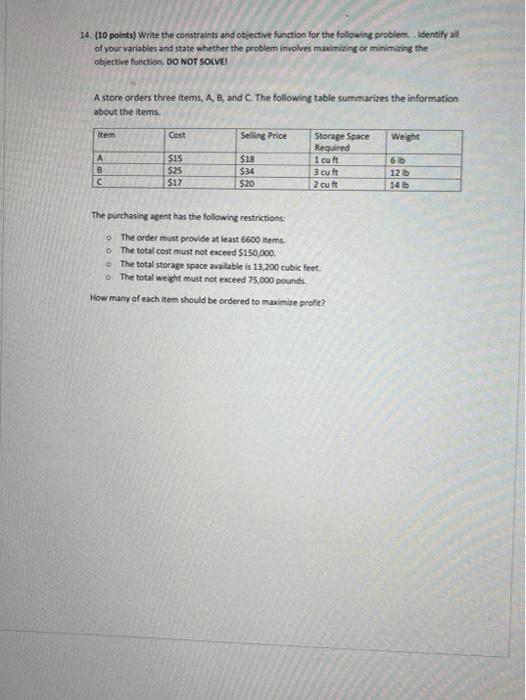 Solved 14. (10 points) Write the constraints and objective | Chegg.com