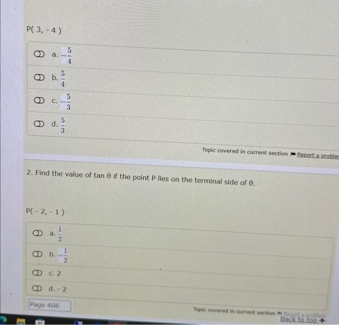 Solved P(3,−4) a. −45 b. 45 c. −35 d. 35 Topic covered in | Chegg.com