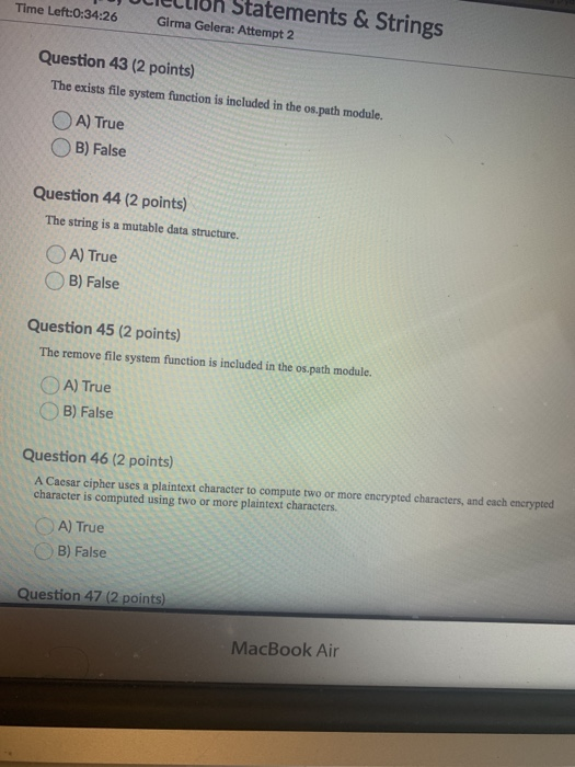Solved MUULILLlion Statements & Strings Time Left:0:34:26 | Chegg.com