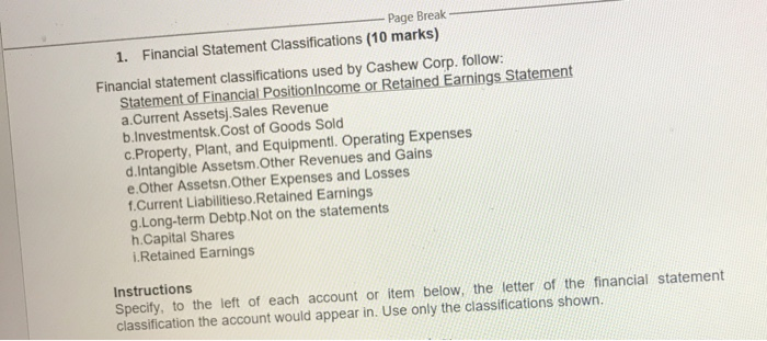 Page Break 1. Financial Statement Classifications (10 | Chegg.com