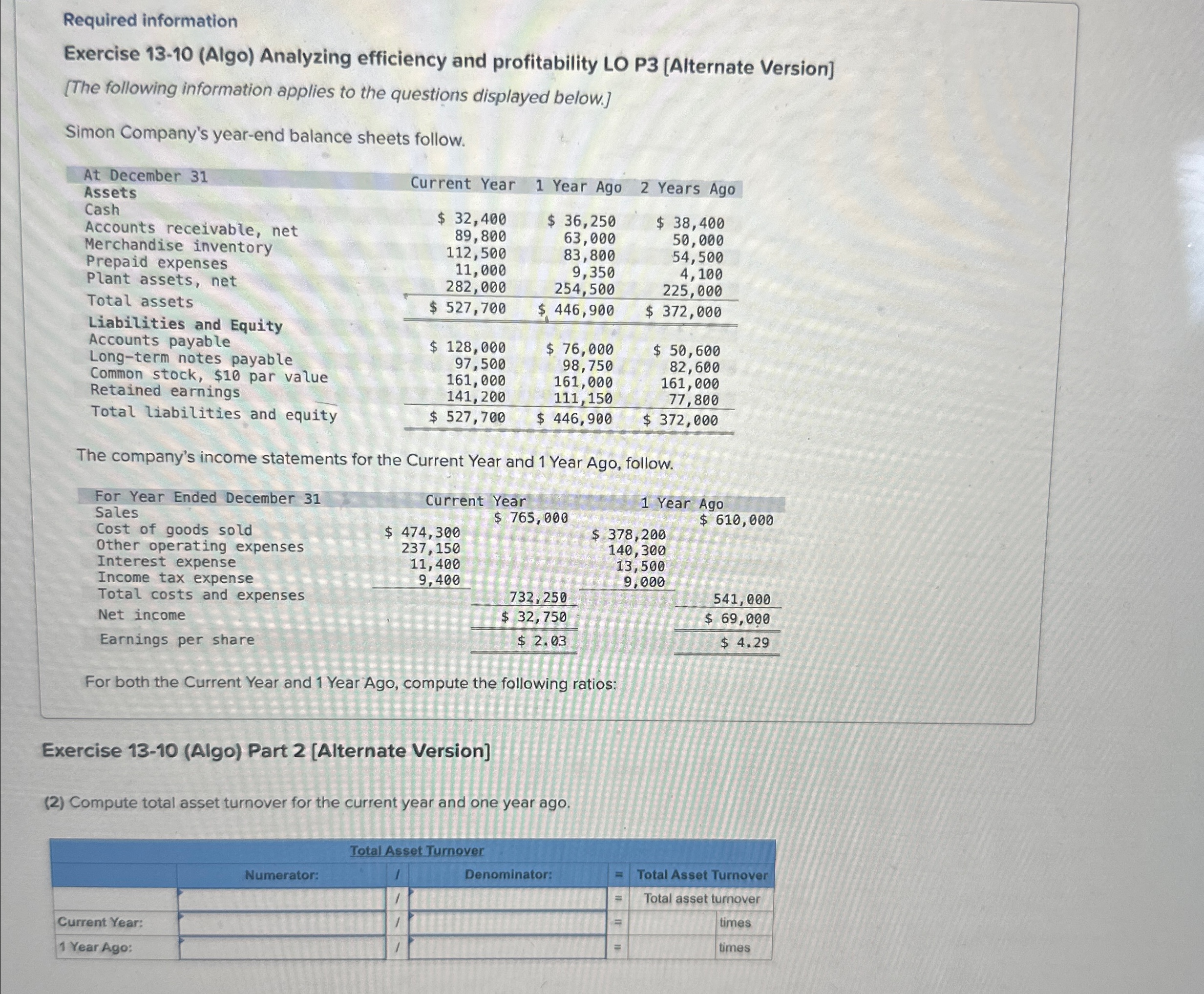 Solved Required informationExercise 13-10 (Algo) ﻿Analyzing | Chegg.com