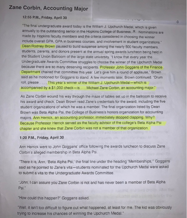 Solved Zane Corbin, Accounting Major 12:55 P.M., Friday, | Chegg.com