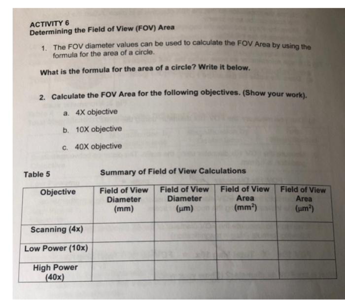 Solved ACTIVITY 6 Determining the Field of View (FOV) Area | Chegg.com