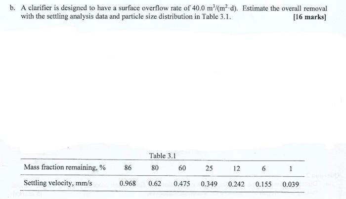 Solved b. A clarifier is designed to have a surface overflow | Chegg.com