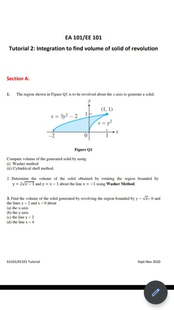 Solved EA 101/EE 101 Tutorial 2: Integration to find volume | Chegg.com