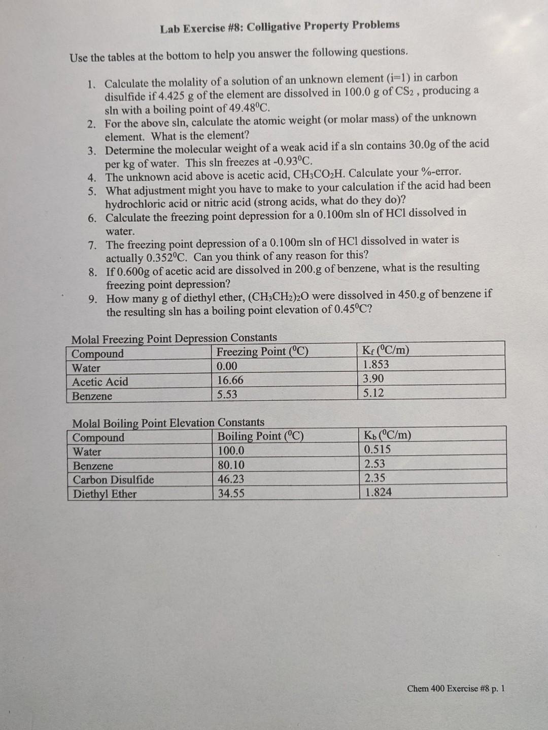 Solved Lab Exercise #8: Colligative Property Problems Use | Chegg.com
