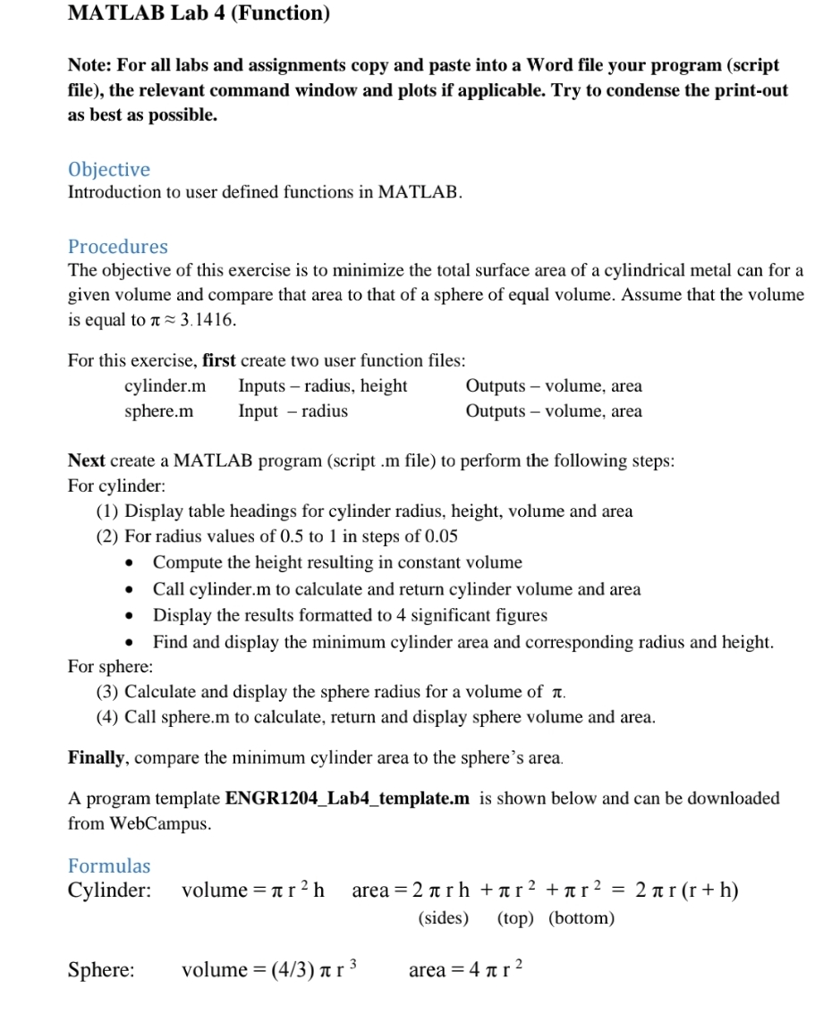 Solved MATLAB Lab 4 (Function)Note: For all labs and | Chegg.com